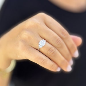 Cushion Cut and Half Moon Cut Moissanites Engagement Ring Three Stone ...