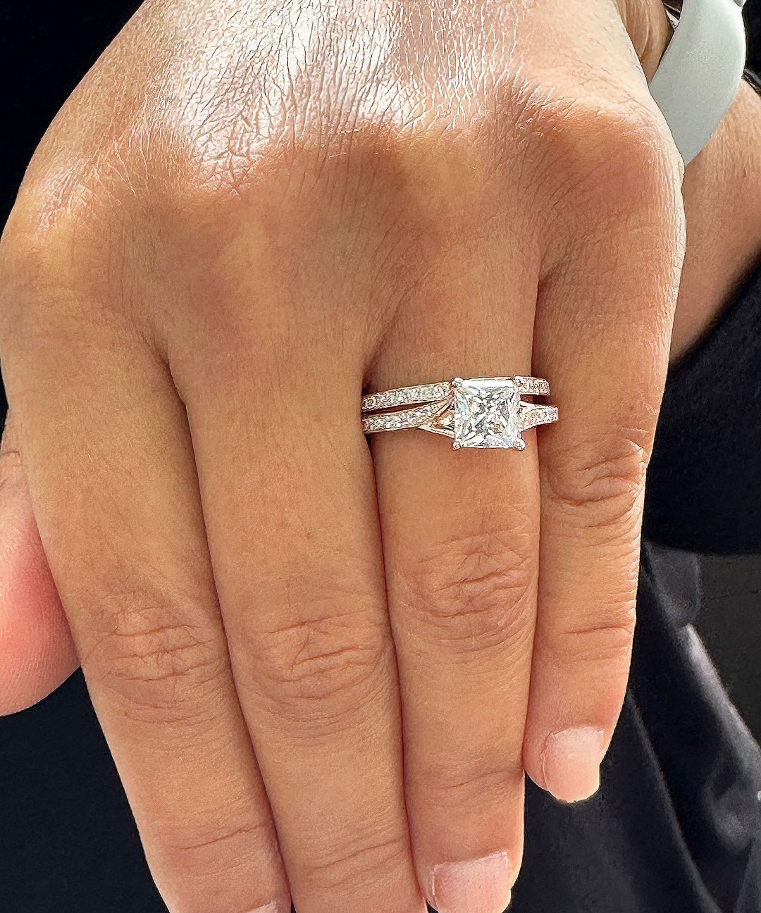 Princess Cut Center and Round Cut Sides Simulated Diamond Engagement ...