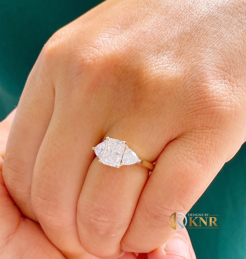 Three Stone Radiant Cut and Triangle Cut Sides Moissanite Engagement ...
