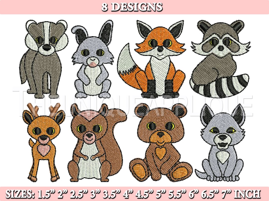 Set of 8 Woodland Animals Embroidery Designs, Baby Shower Animals ...