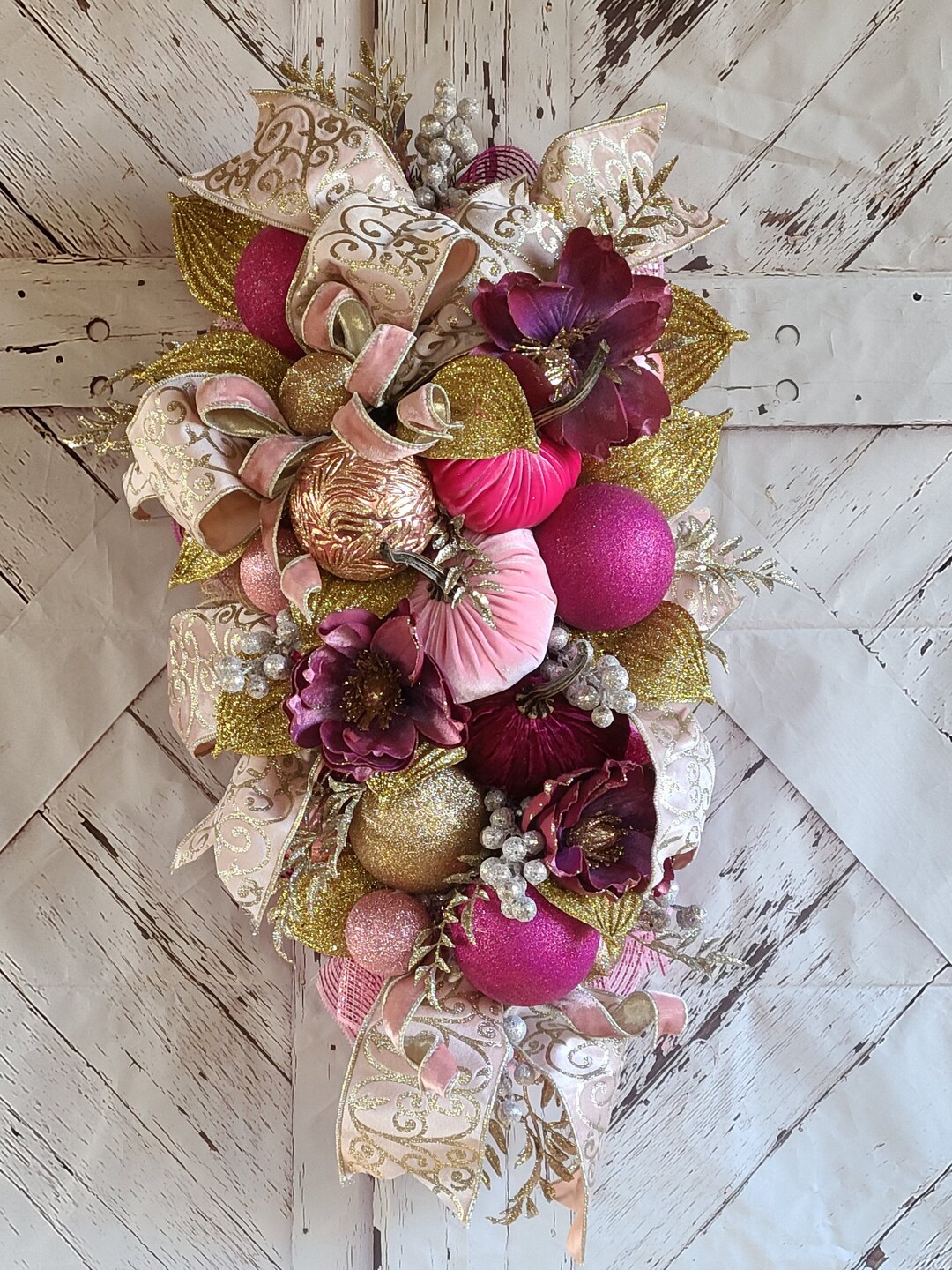 Elegant Pink Fall Swag: Velvet Pumpkins, Breast Cancer Awareness Decor ...