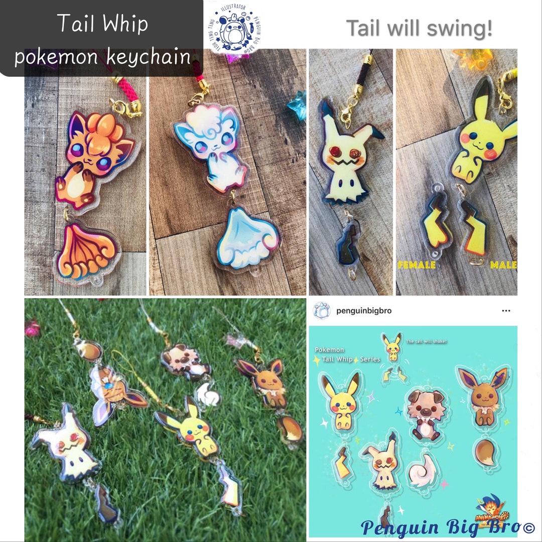 Poke Tail Whip Dangling Acrylic Charm Pikachu, Eevee, Vulpix, Mimikyu ...