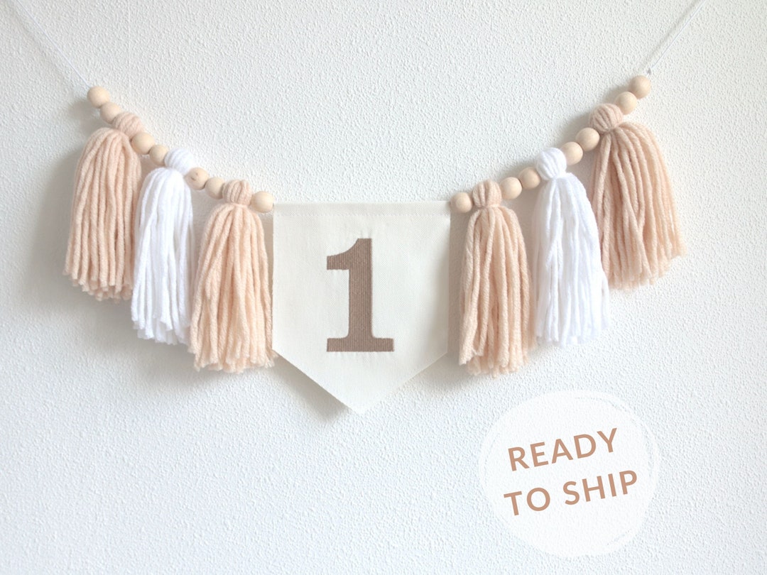 Pastel Birthday High Chair Banner, Neutral Tan Cake Smash Garland ...
