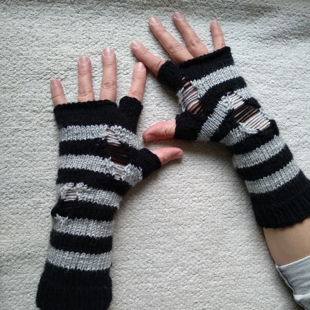 Striped Unisex Gray Arm Warmers, Emo Fingerless Gloves With Holes ...