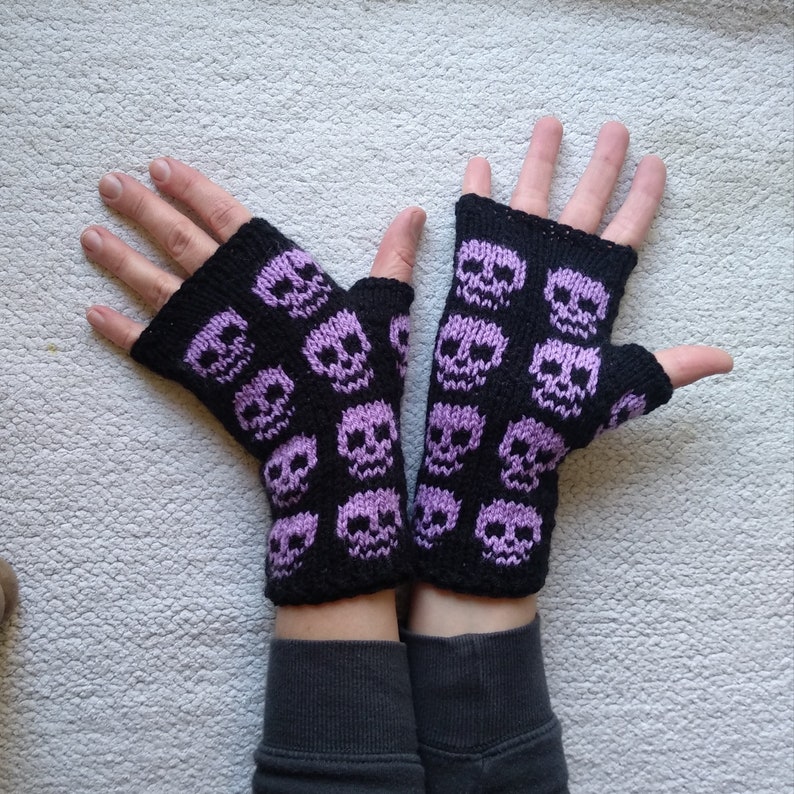 Goth Arm Warmers With Purple Skulls, Emo Fingerless Gloves With Pink ...
