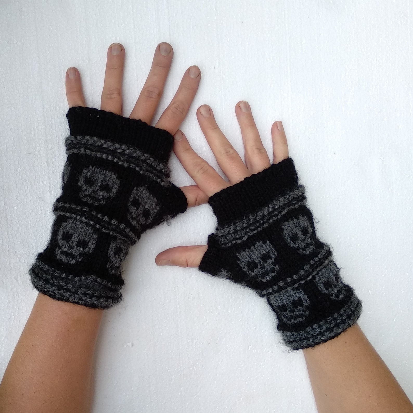 Goth Arm Warmers With Skulls, Emo Mittens, Women Halloween Skeleton ...
