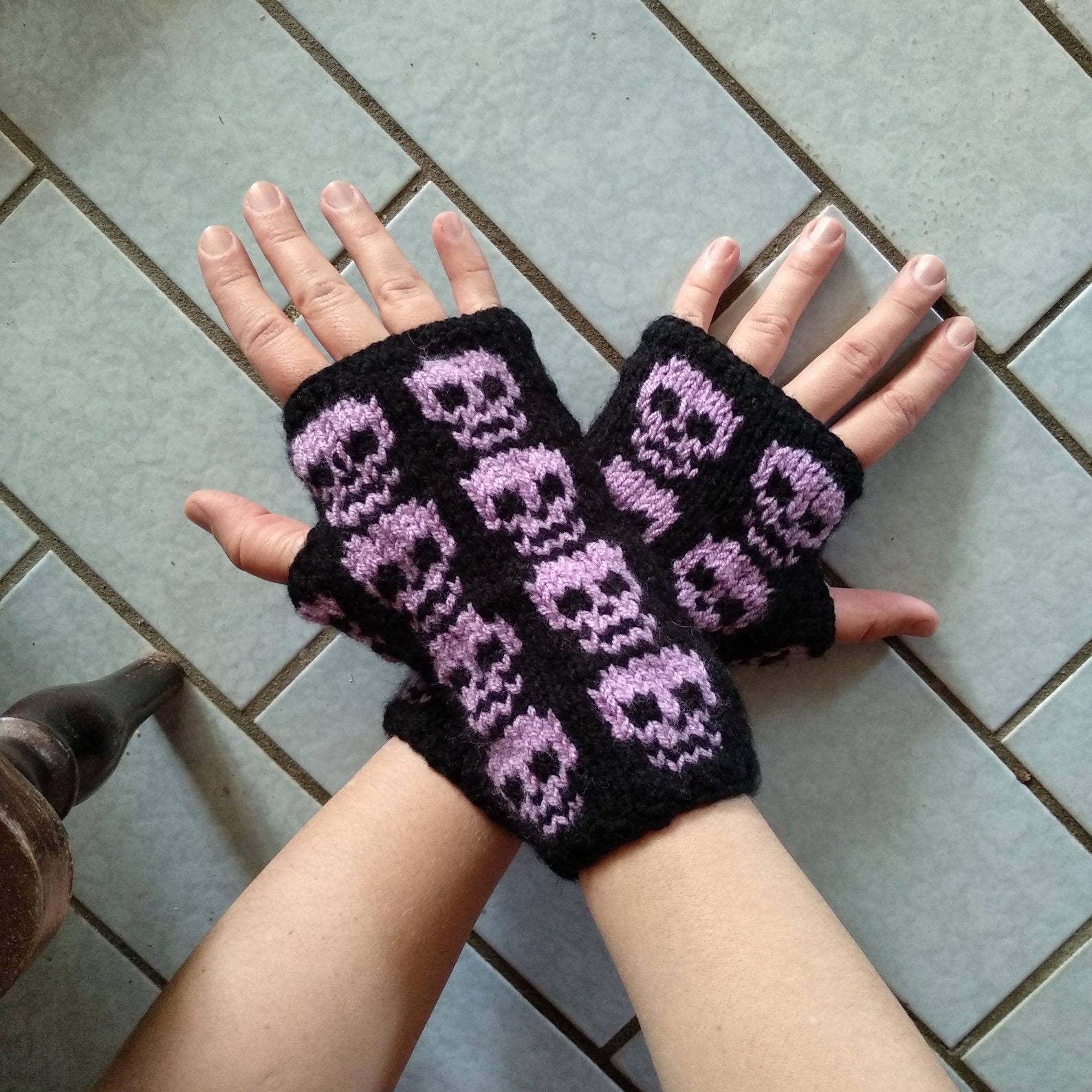 Goth Arm Warmers With Purple Skulls, Emo Fingerless Gloves With Pink ...