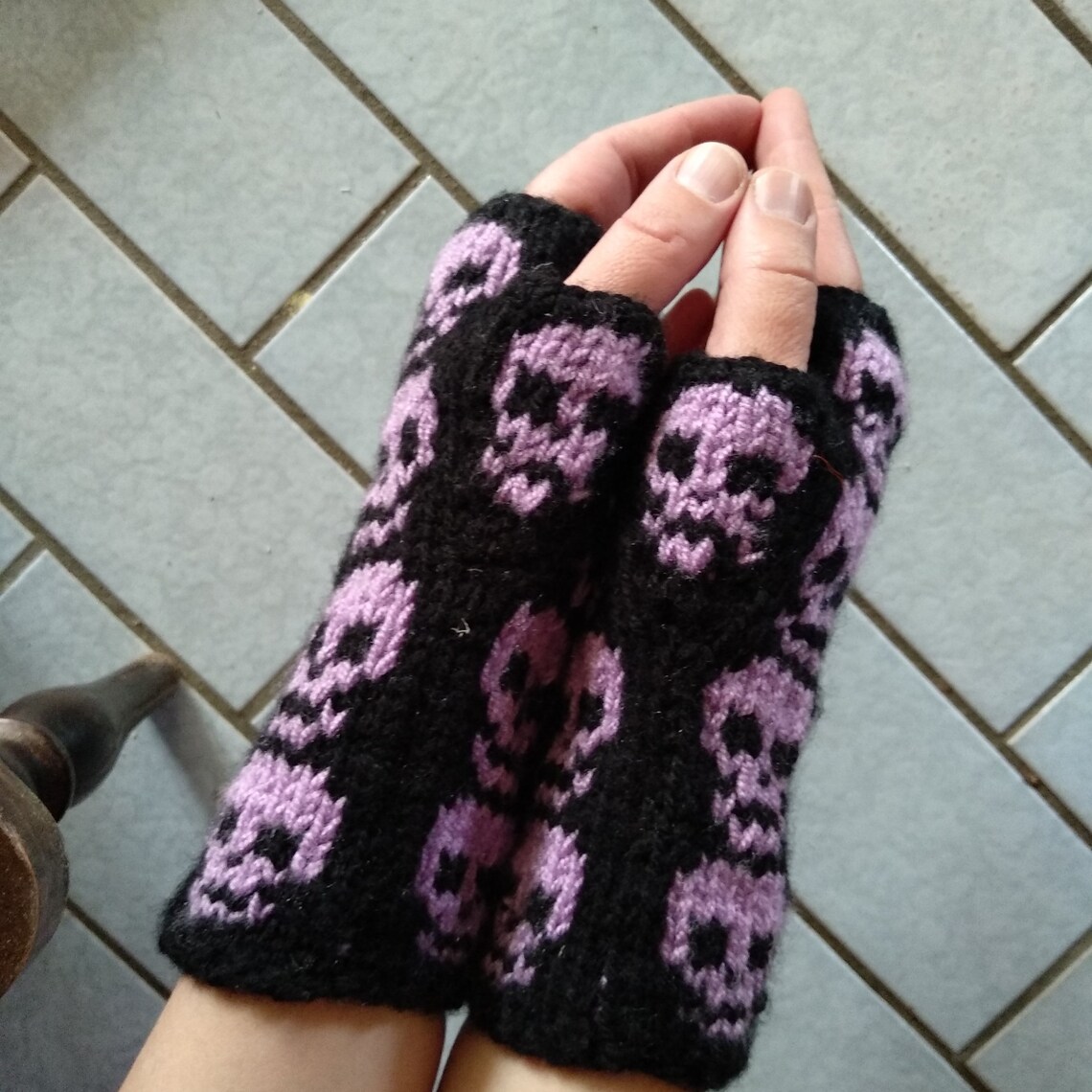 Goth Arm Warmers With Purple Skulls, Emo Fingerless Gloves With Pink ...