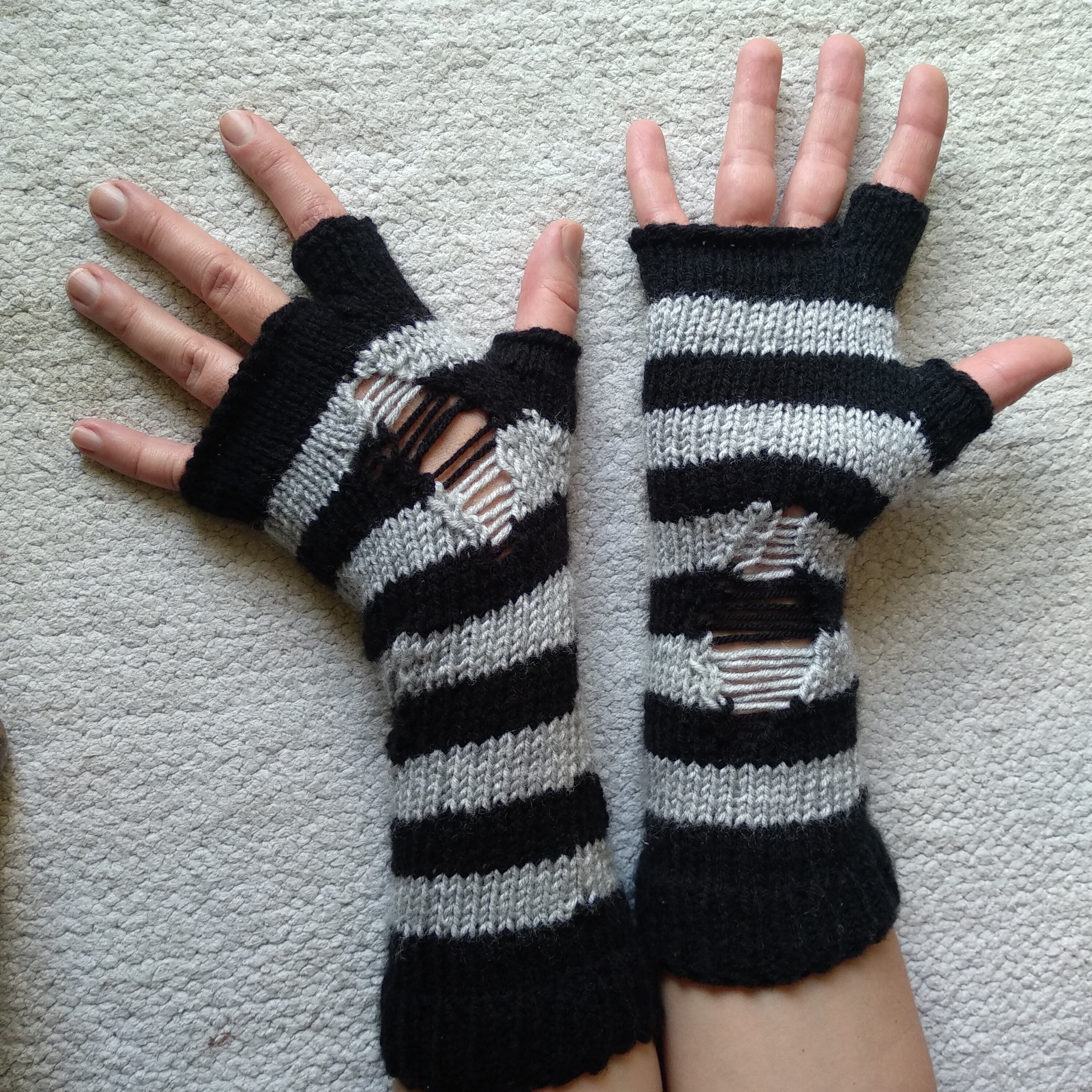 Striped Unisex Gray Arm Warmers Emo Fingerless Gloves With - Etsy