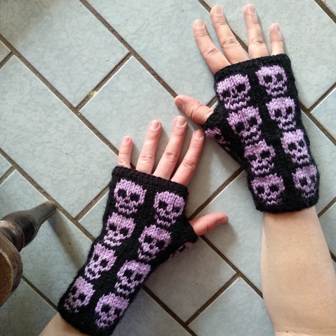 Goth Arm Warmers With Purple Skulls, Emo Fingerless Gloves With Pink ...