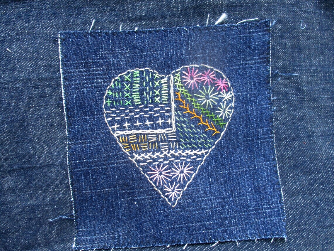 Boro Sashiko Slow Stitch Patch Heart Shape Recycled Jeans - Etsy