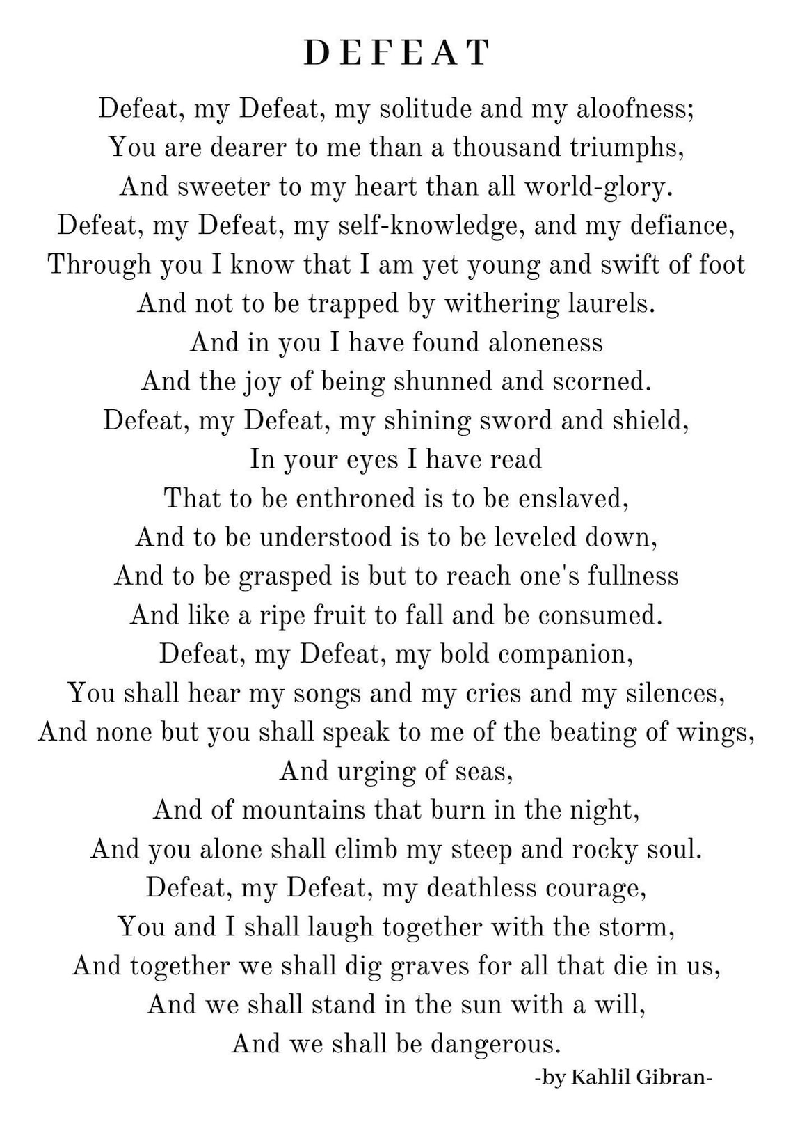 Poem Print Kahlil Gibran My Defeat Typography Wall Art | Etsy