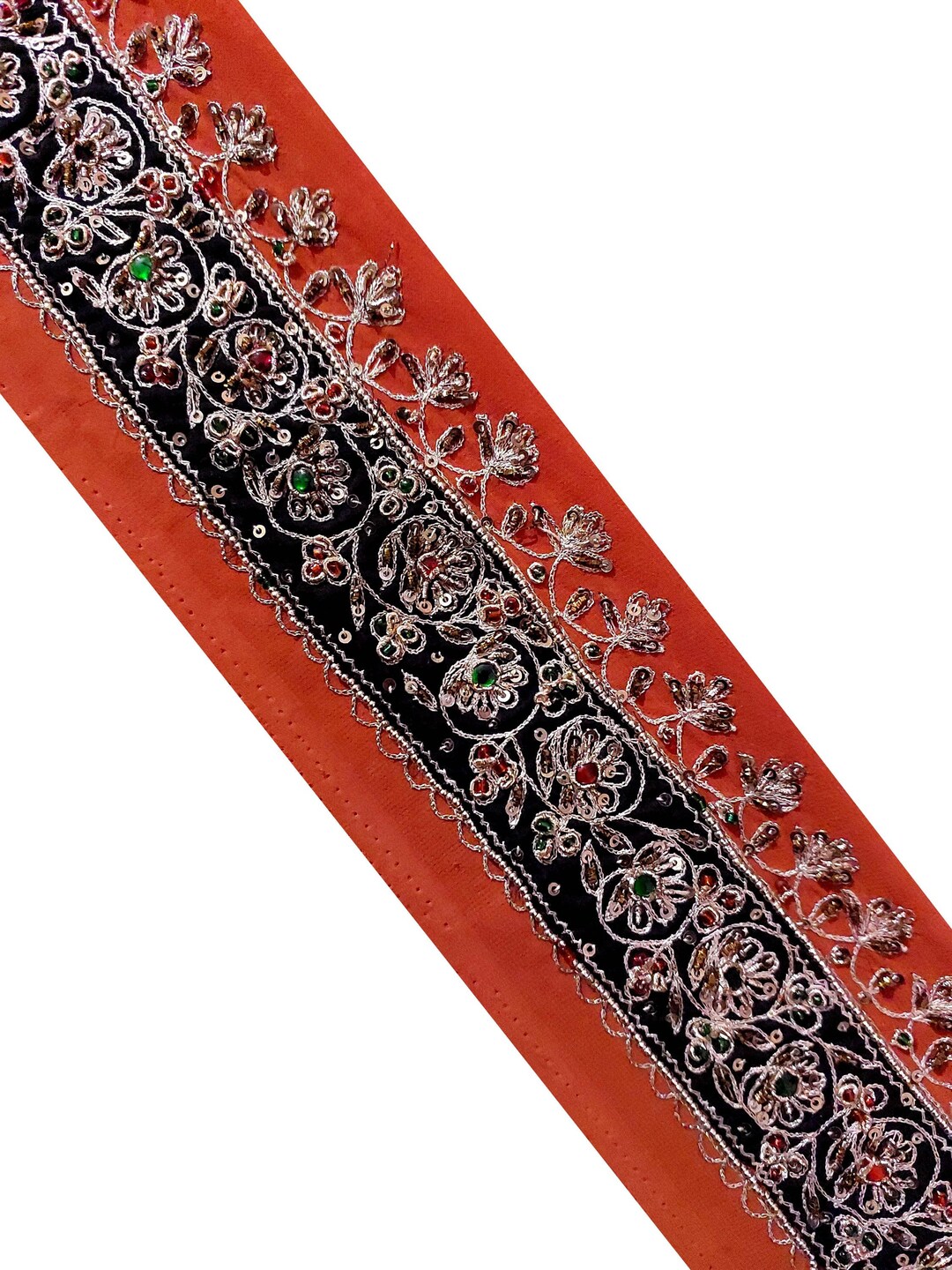 Indian Vintage Embroidered Saree Trim, Orange & Black Zari Border ...