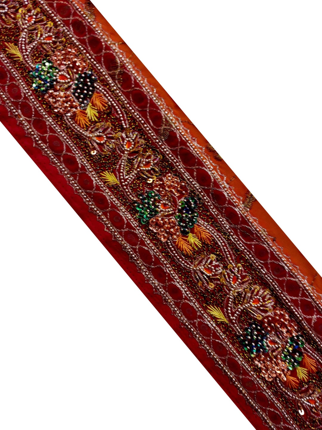 Handcrafted Red Embroidered Floral Trim With Beads and Sequins, Gold ...