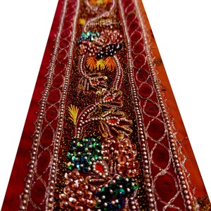Handcrafted Red Embroidered Floral Trim With Beads and Sequins, Gold ...