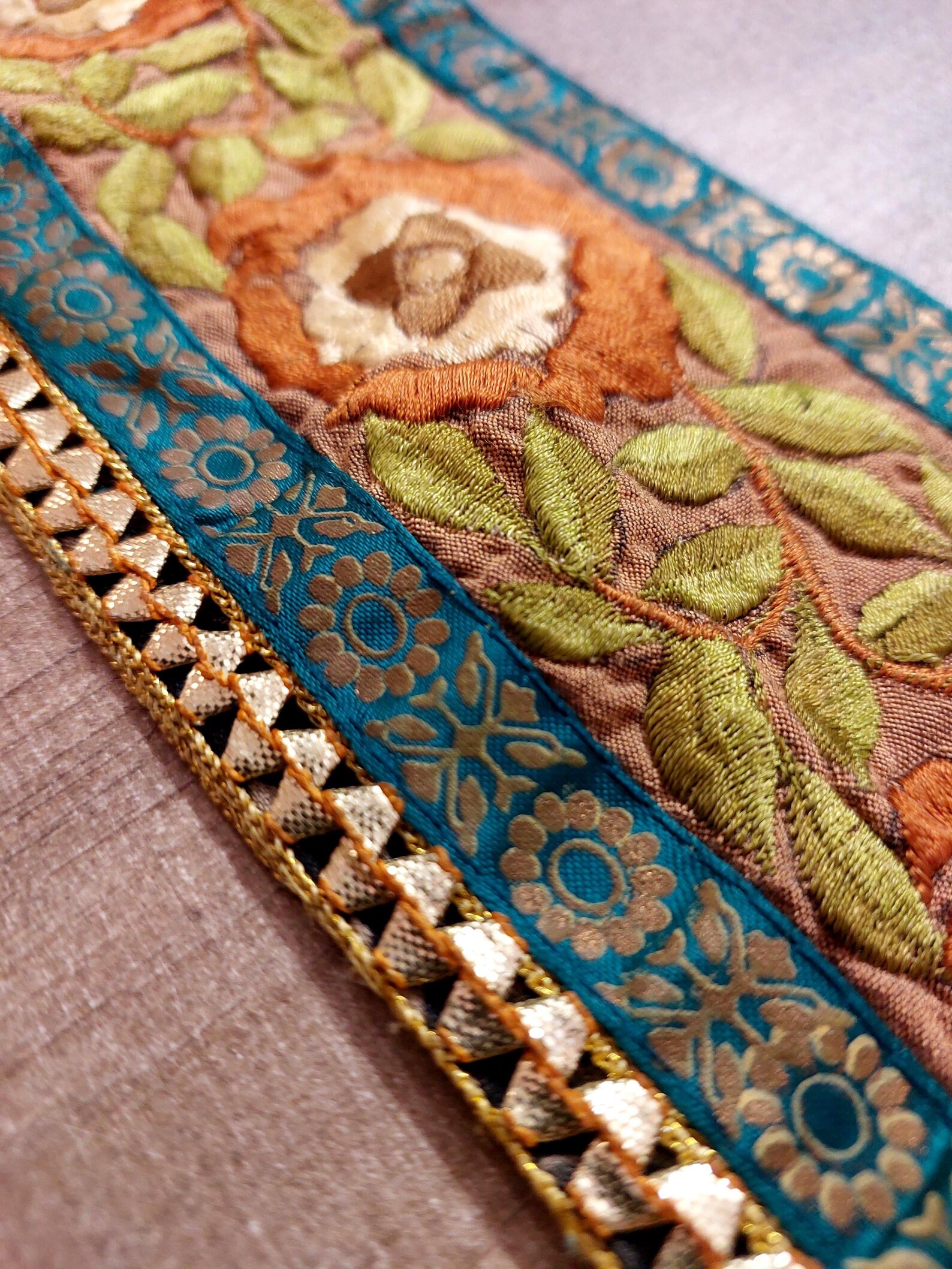 Vintage Indian Saree Trim Floral Embroidery Border in Teal Brown | Pre ...