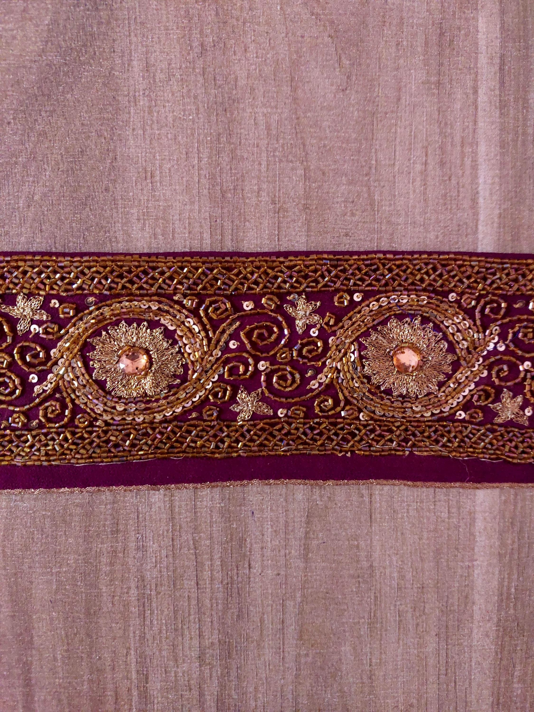 Indian Vintage Saree Trim | Gold Zari and Sequin Border | Maroon ...