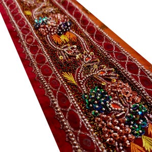 Handcrafted Red Embroidered Floral Trim With Beads and Sequins, Gold ...