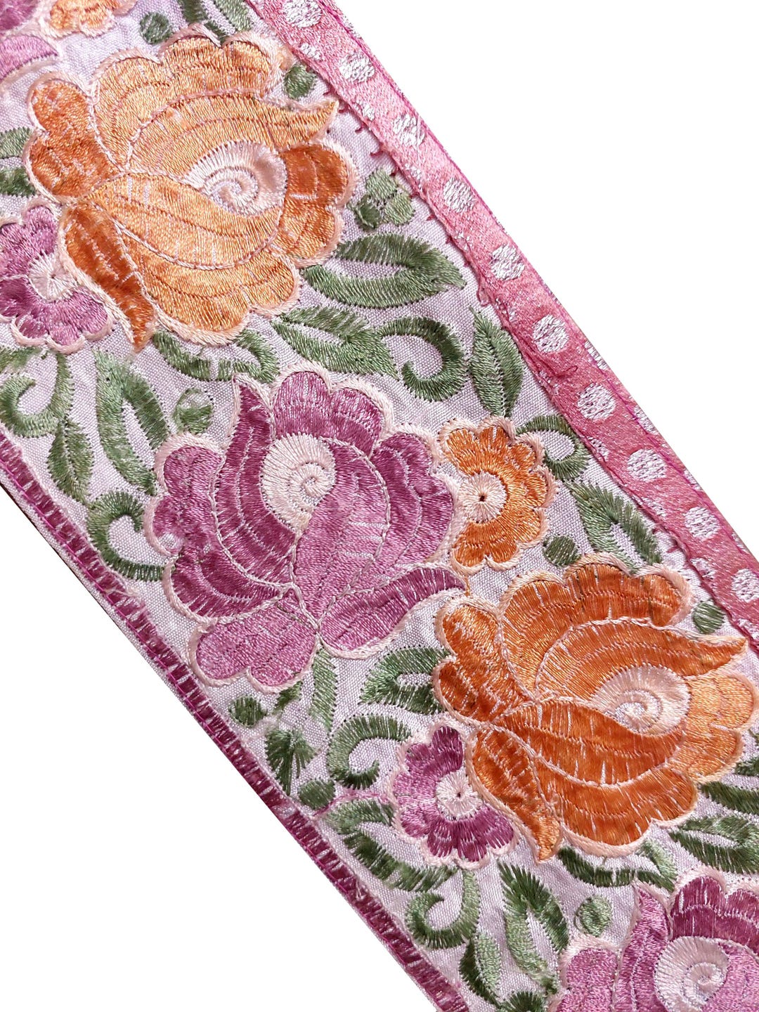 Vintage Pink Orange Floral Saree Trim | Indian Pre-owned Embroidered ...