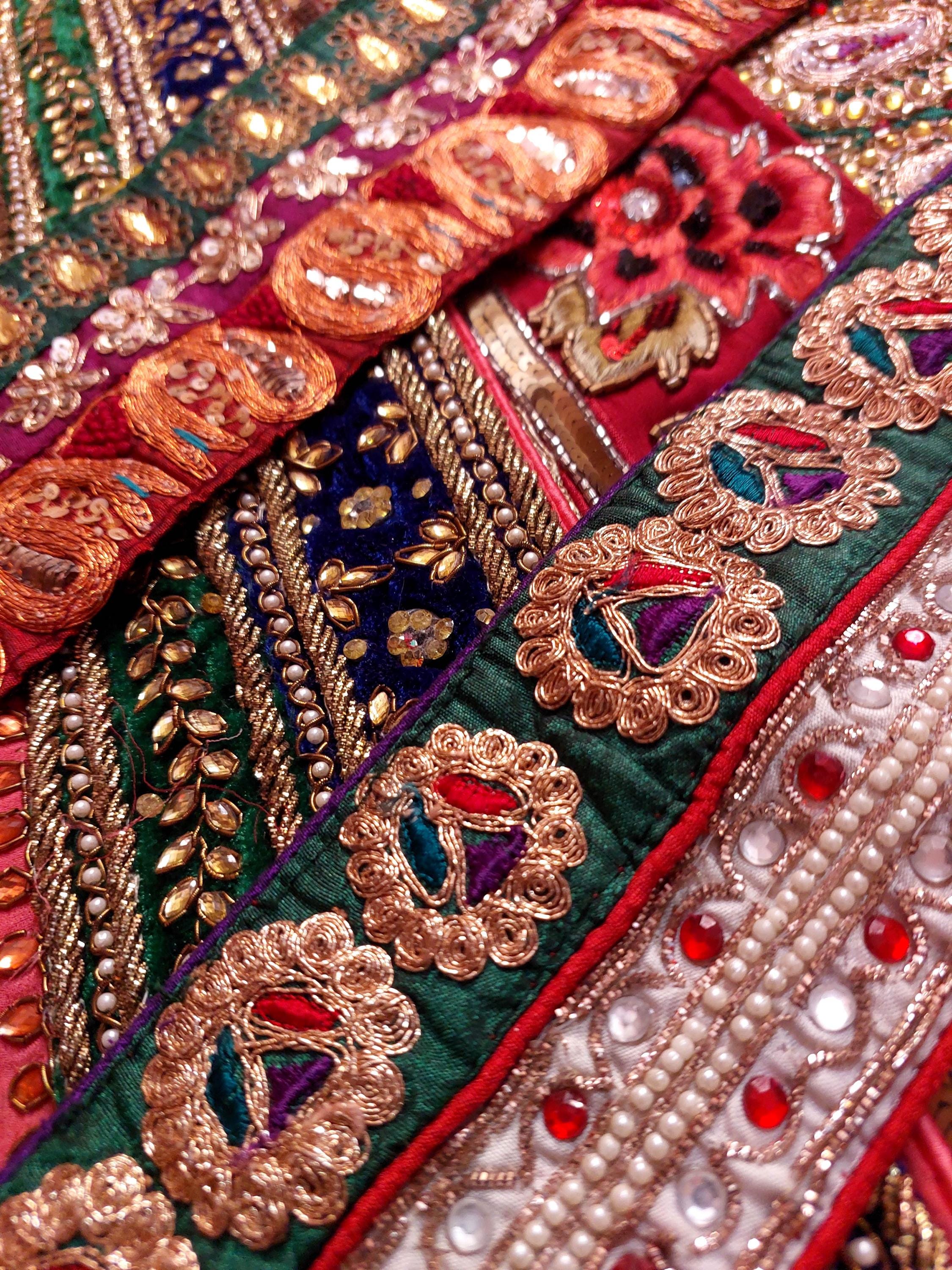 Indian Sari Trim Scrap Bundle – Vintage Embroidered Fabric Remnants for ...