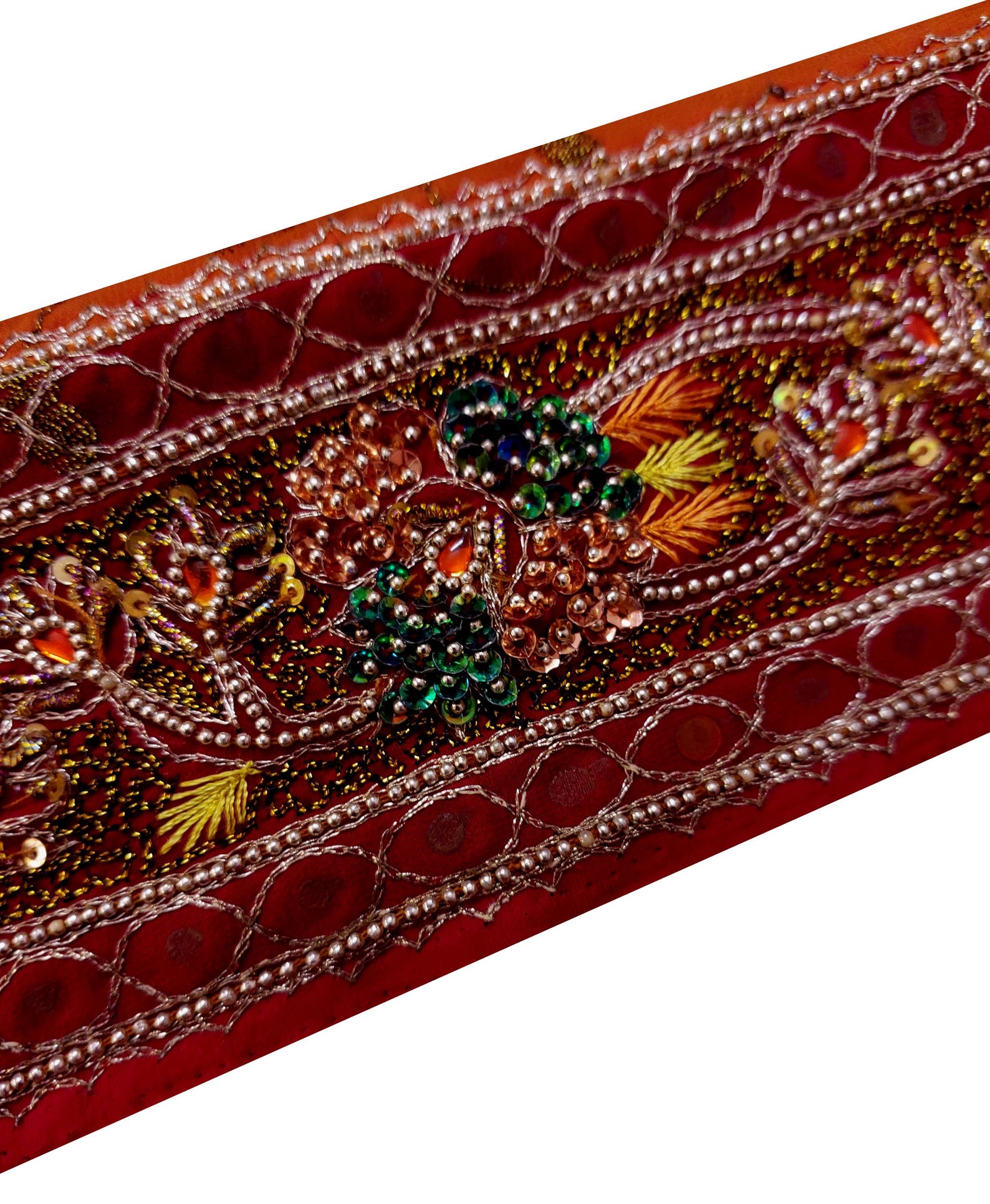 Handcrafted Red Embroidered Floral Trim With Beads and Sequins, Gold ...