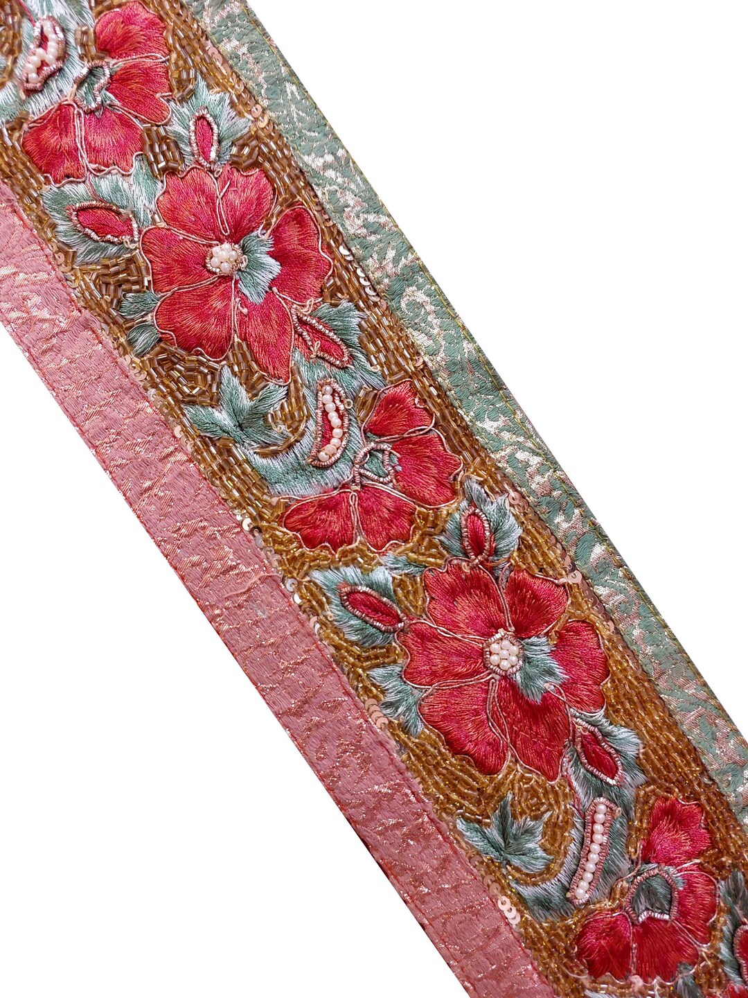 Vintage Indian Saree Trim With Red Floral Embroidery & Beadwork | Pre ...