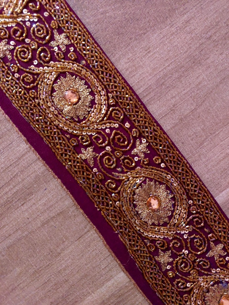 Indian Vintage Saree Trim | Gold Zari and Sequin Border | Maroon ...