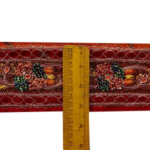 Handcrafted Red Embroidered Floral Trim With Beads and Sequins, Gold ...