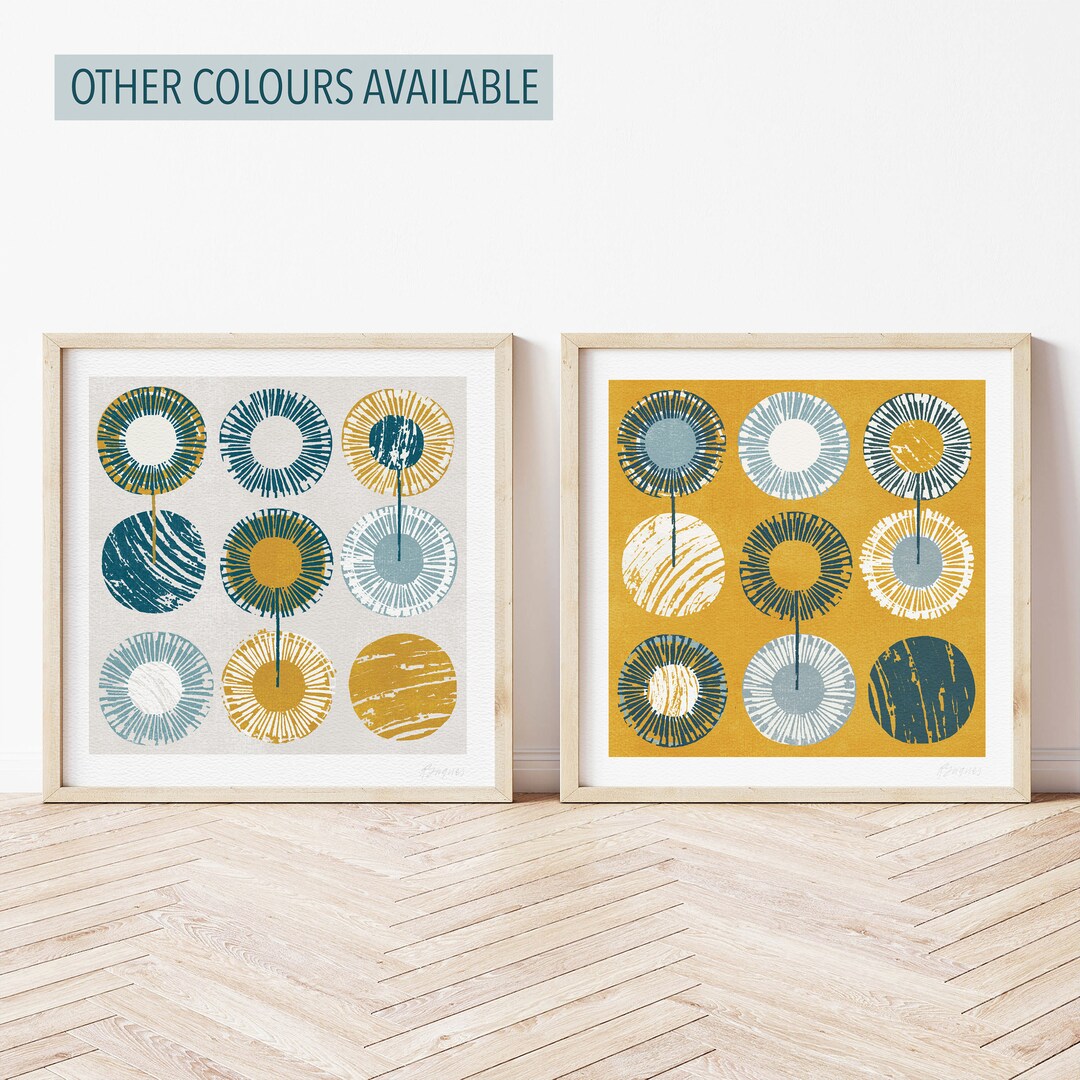 Set of Two Mustard Yellow Prints, Circle Wall Art, Abstract Pattern ...