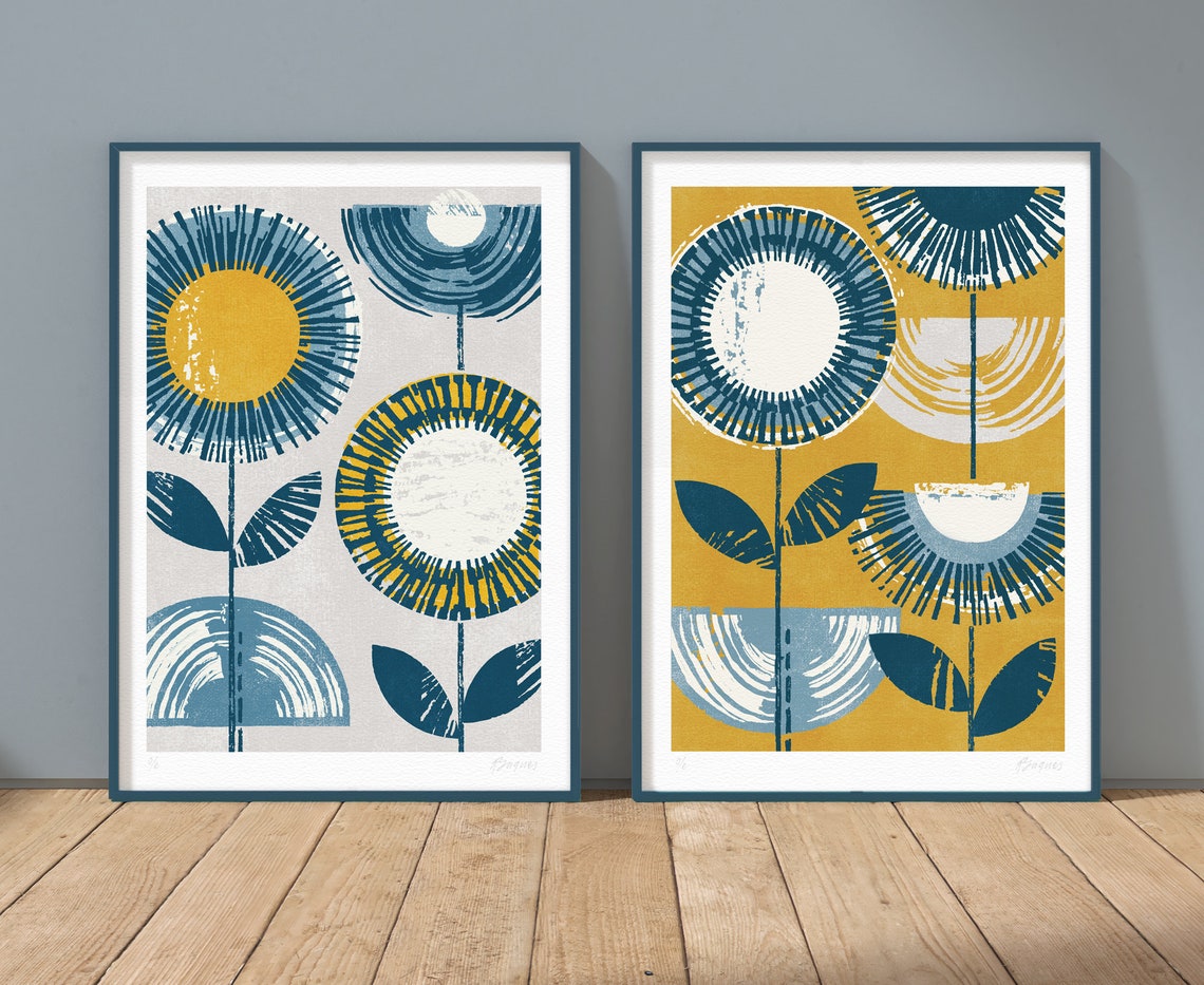 Set of 2 Retro Flower Prints Mustard Yellow Navy and Denim - Etsy UK