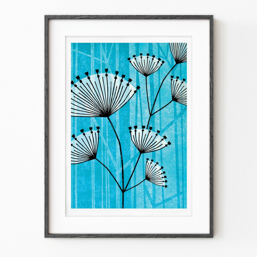 Retro Seed Head Print, Cow Parsley Wall Decor, Mid Century Modern, Teal ...