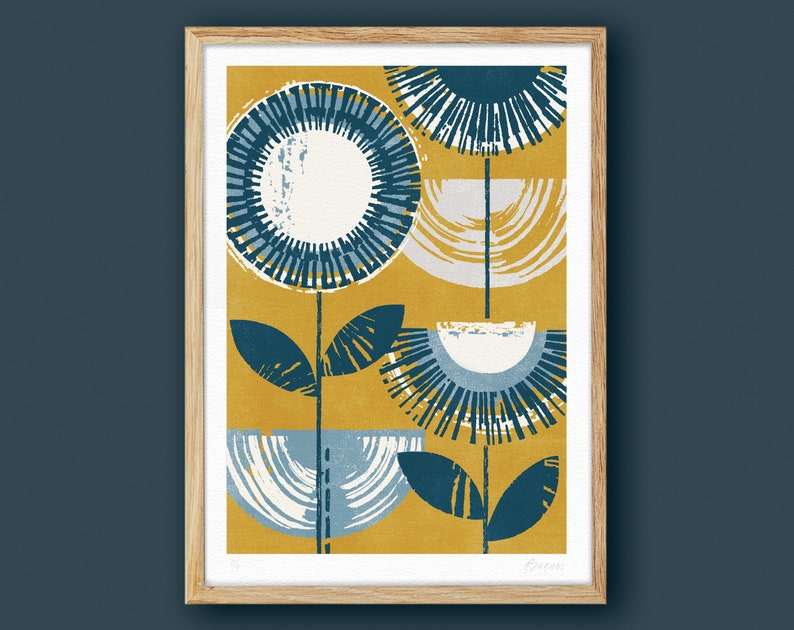 Set of 2 Retro Flower Prints, Mustard Yellow, Navy & Denim Blue, Mid ...