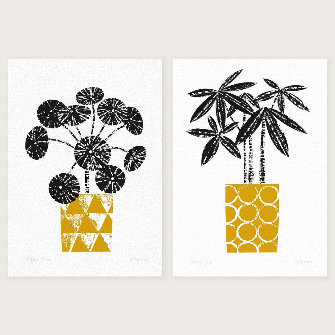 Set of Two Plant Prints, Mustard Yellow and Black, Pair of Ochre Prints ...