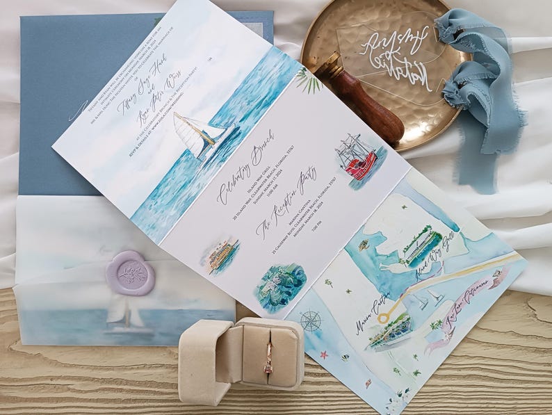 Florida Beach Trifold Wedding Invitation Watercolor Destination - Etsy