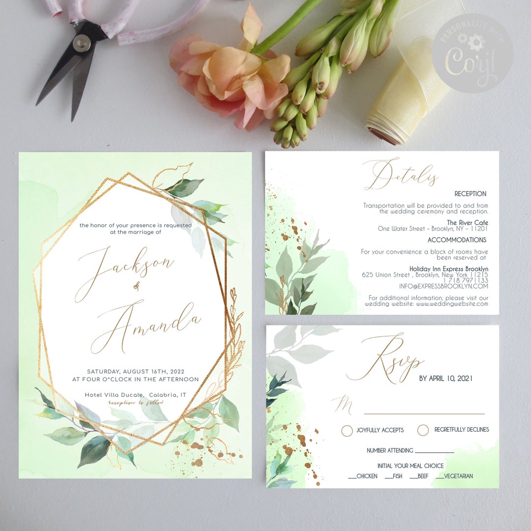 Greenery Wedding Invitation Template Download, Greenery Hexagonal ...