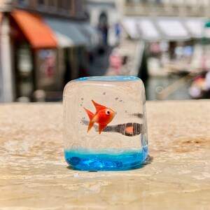 Tiny Goldfish or Red Fish in a Cube of Glass, Genuine Murano Glass ...