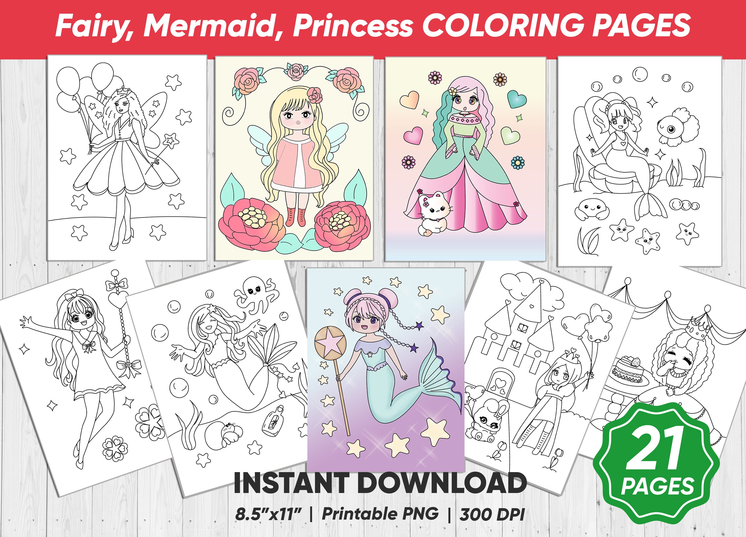 Mermaid Fairy Princess Coloring Bundle Printable Coloring Pages for ...