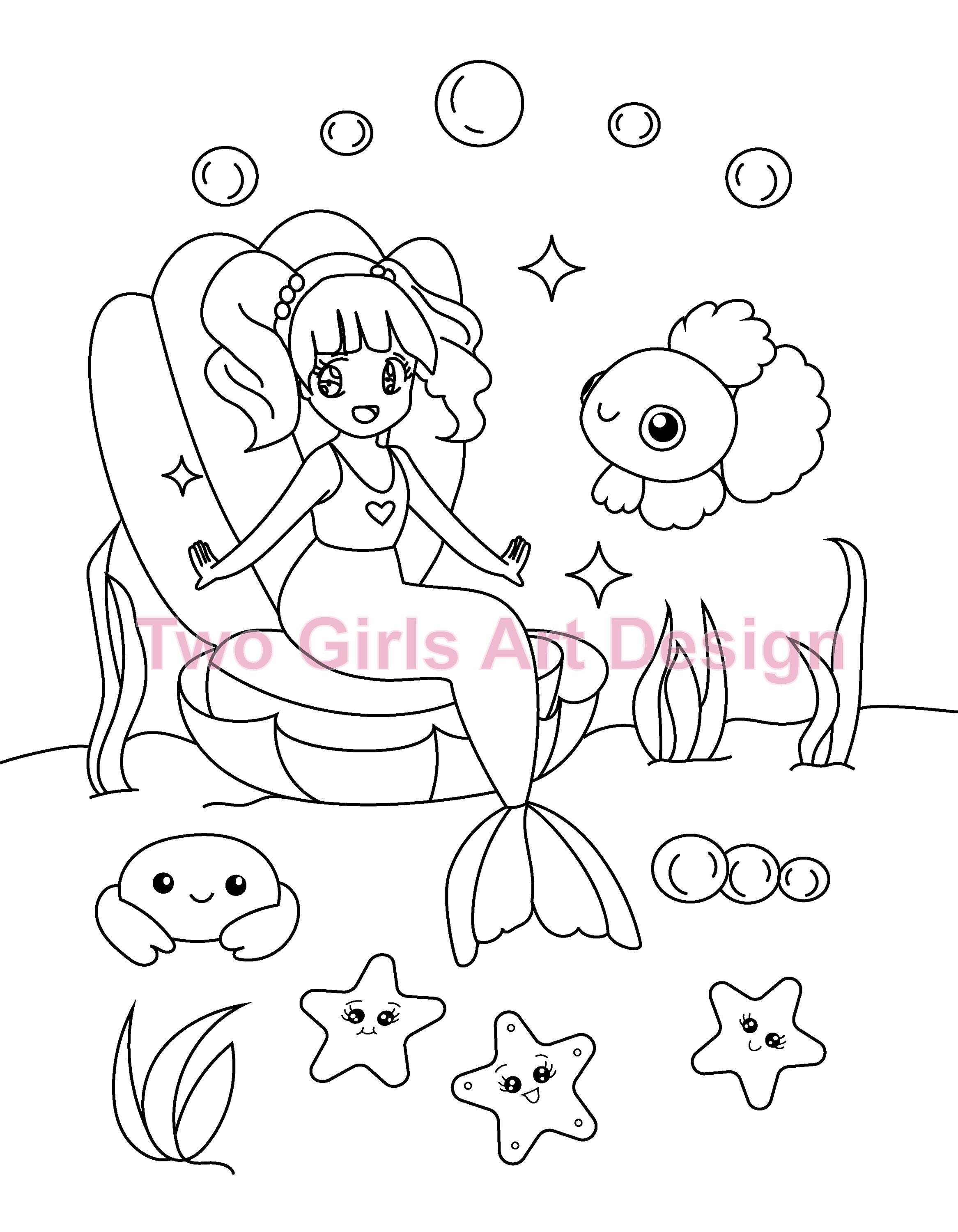 Happy Mermaids Coloring Pages Printable Coloring Page for - Etsy
