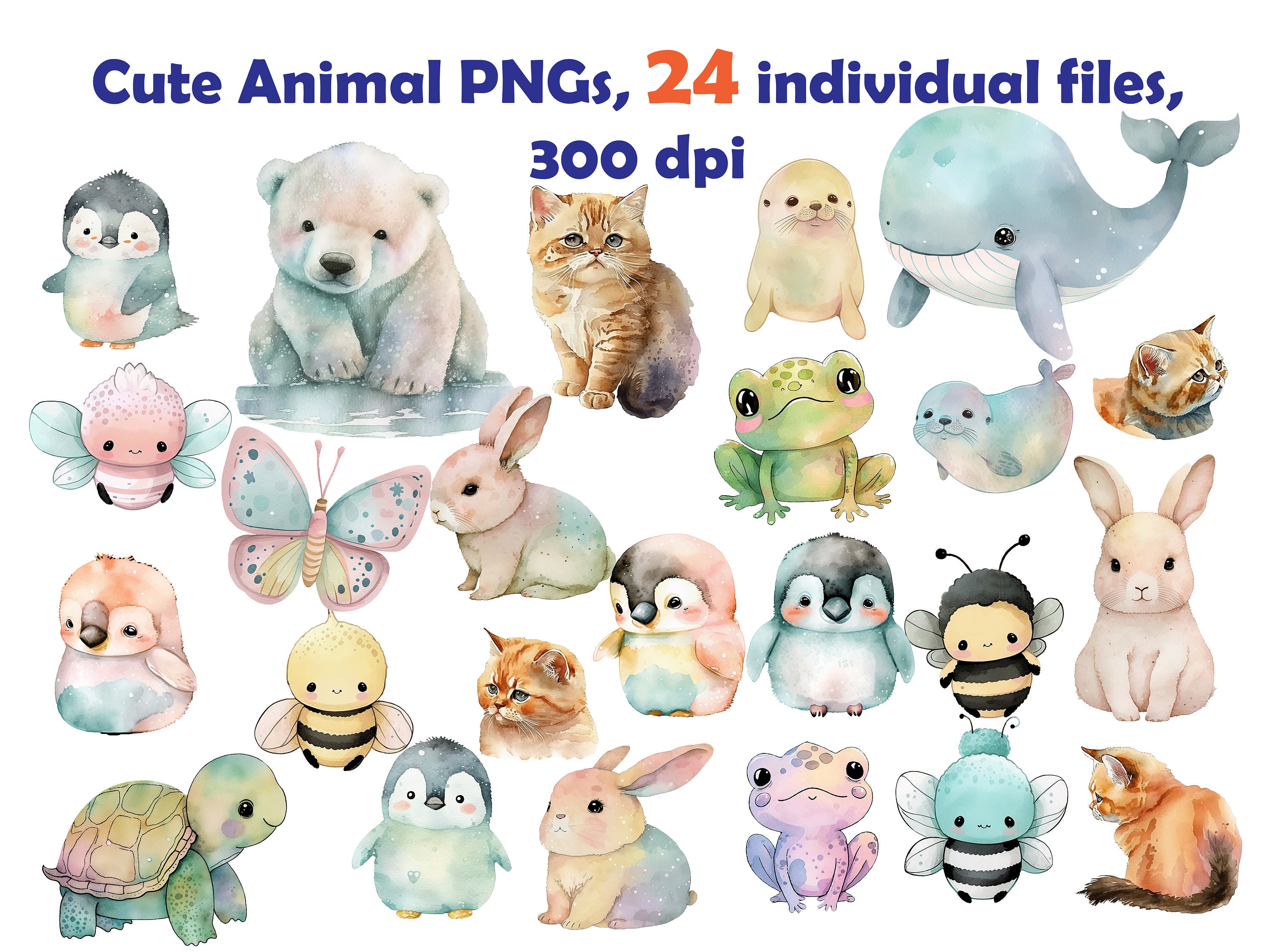 24 Watercolor Animal Clipart Animal PNG Bundle Planner Sticker T Shirt ...
