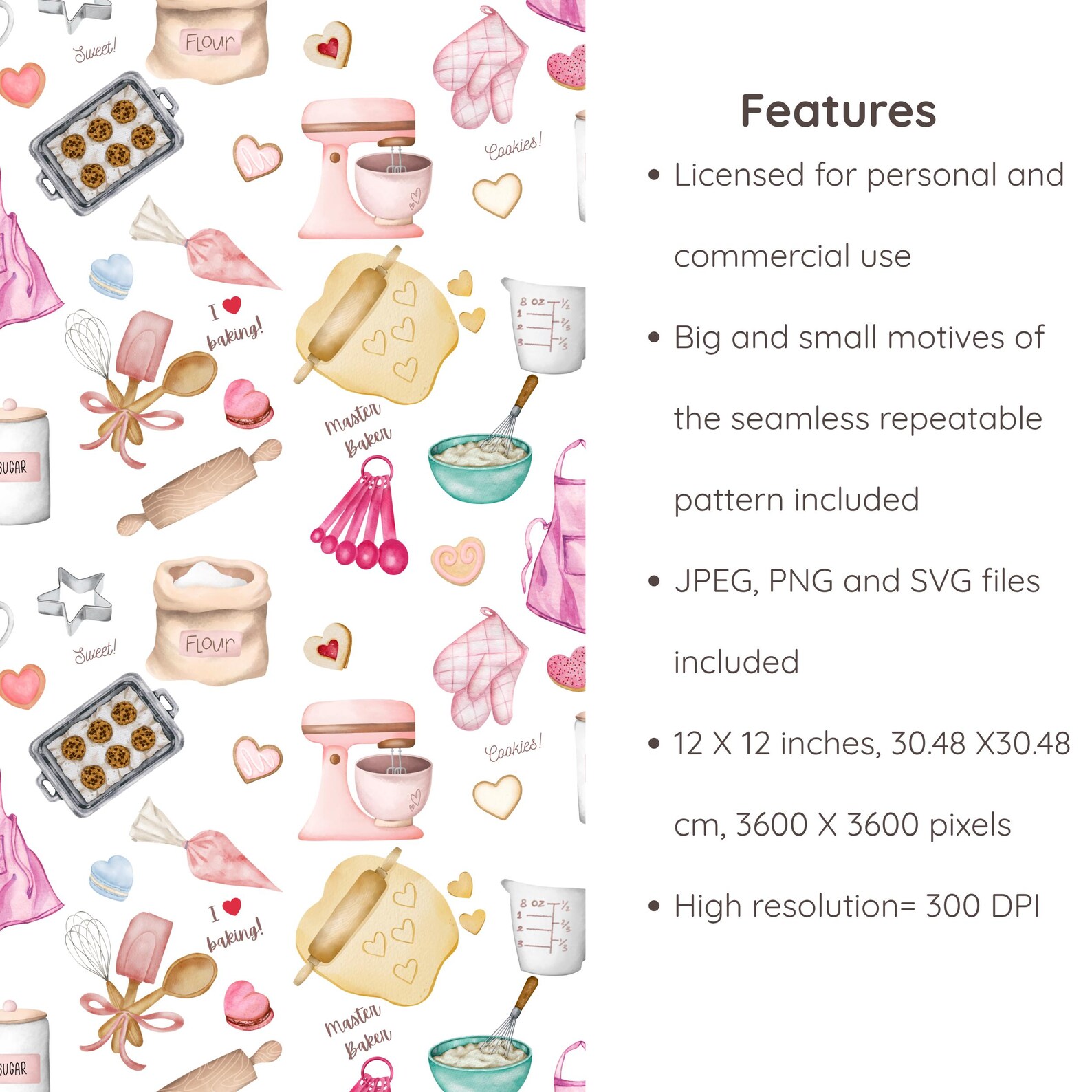 Cute Baker Watercolor Seamless Pattern – Pink Baking Tools, Cookies ...
