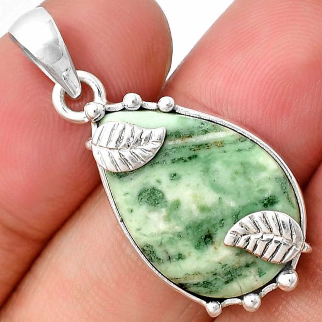 Larsonite Jasper Silver Pendant, Gary Green Jasper Pendant, 925 ...