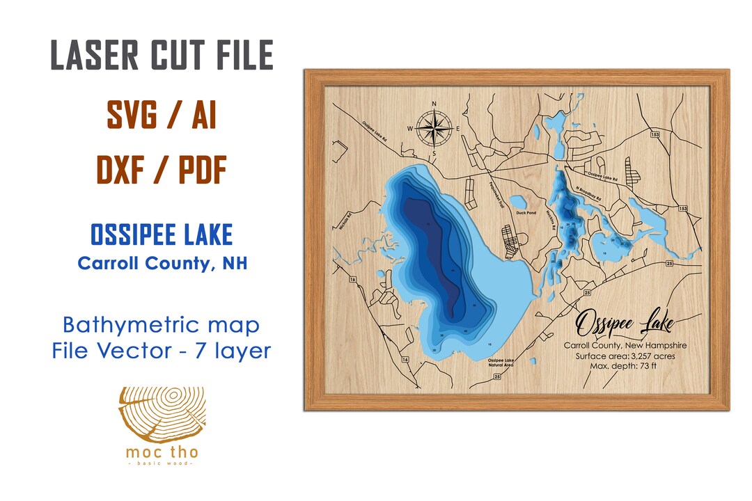 Digital File PDF, SVG - Ossipee Lake Carroll County Nh Bathymetric ...
