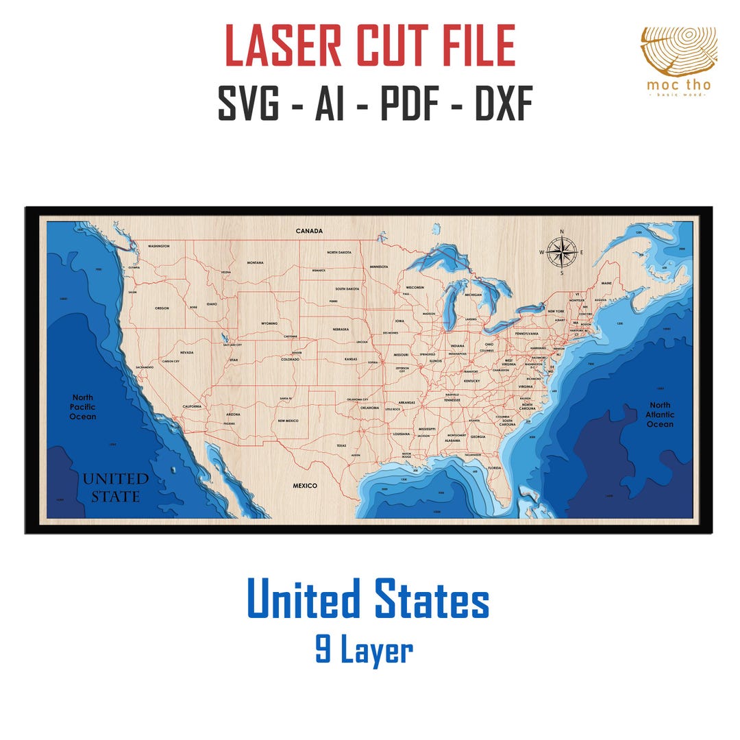 Digital File PDF, SVG - United States Usa Map Bathymetric Depth Layers ...