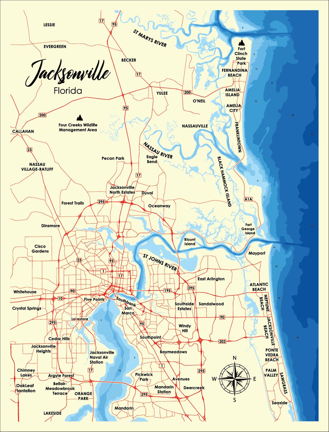 Digital File PDF, SVG Jacksonville Florida Map, Bathymetric Depth ...