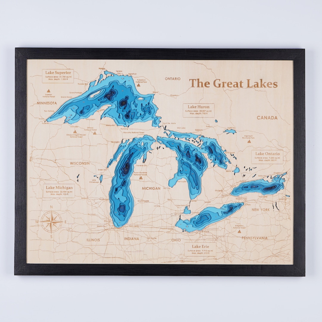 The Great Lakes Wood Map 3D Custom Lake, Island, Coast Map Bathymetric ...