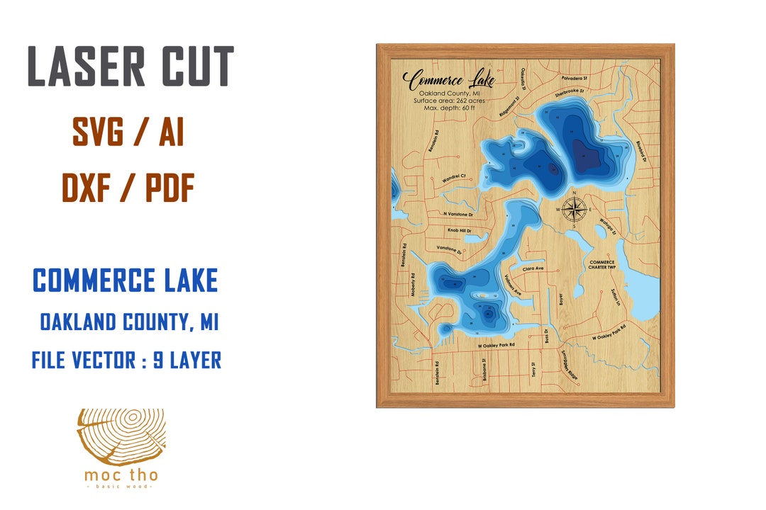 Digital File PDF, SVG - Commerce Lake Michigan Map Bathymetric Depth ...