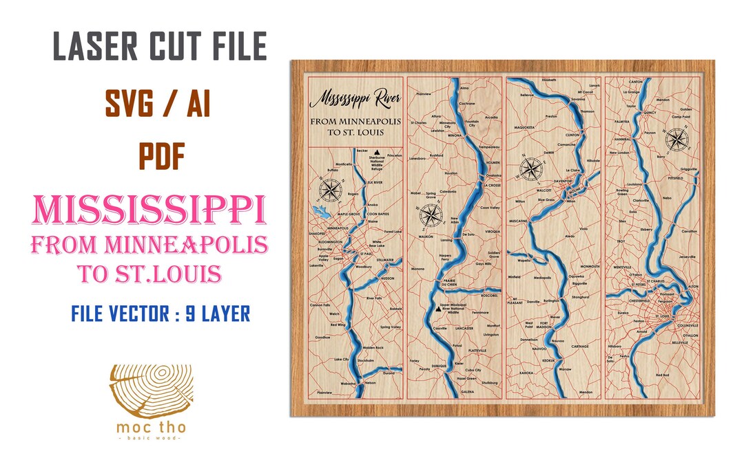 Digital File PDF, SVG - Mississippi River Upper From Minneapolis to St ...