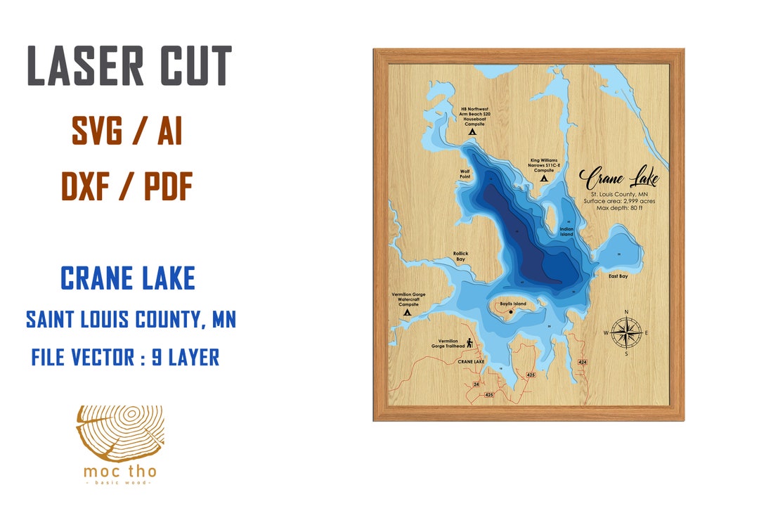 Digital File PDF, SVG - Crane Lake Minnesota Map Bathymetric Depth ...