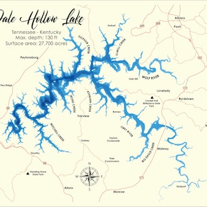 Digital File PDF, SVG - Dale Hollow Reservoir, Tennessee Map ...