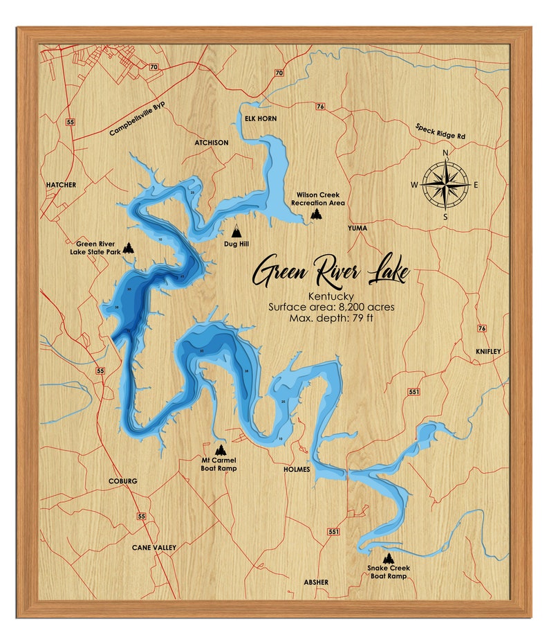 Digital File PDF, SVG - Green River Lake Kentucky Map Bathymetric Depth ...